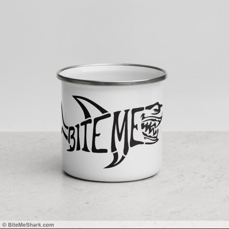Enamel Mug, White with Black Print – BITE ME SHARK